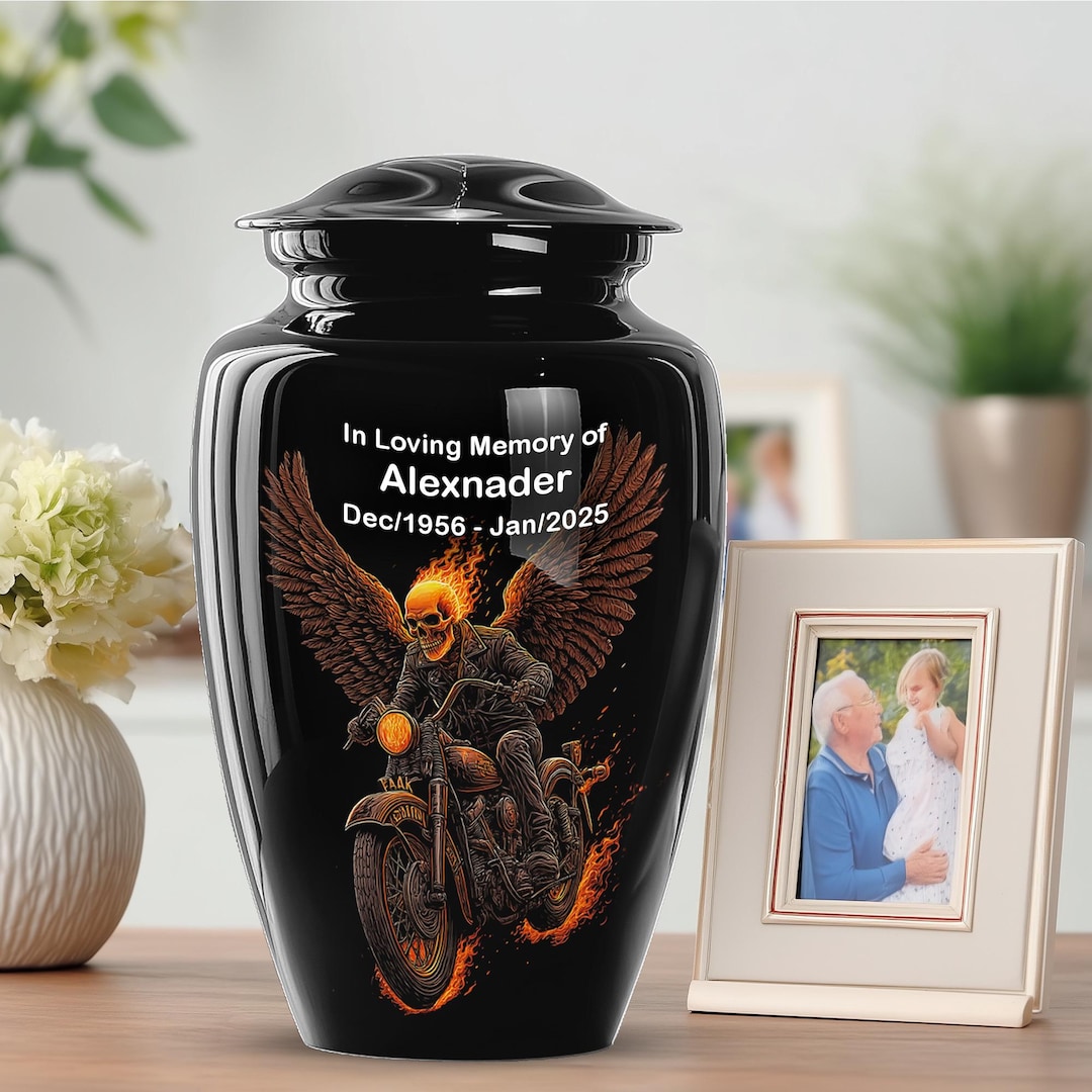 Black Motorcycle Cremation Urn – Gothic Biker Memorial, Custom Option ...