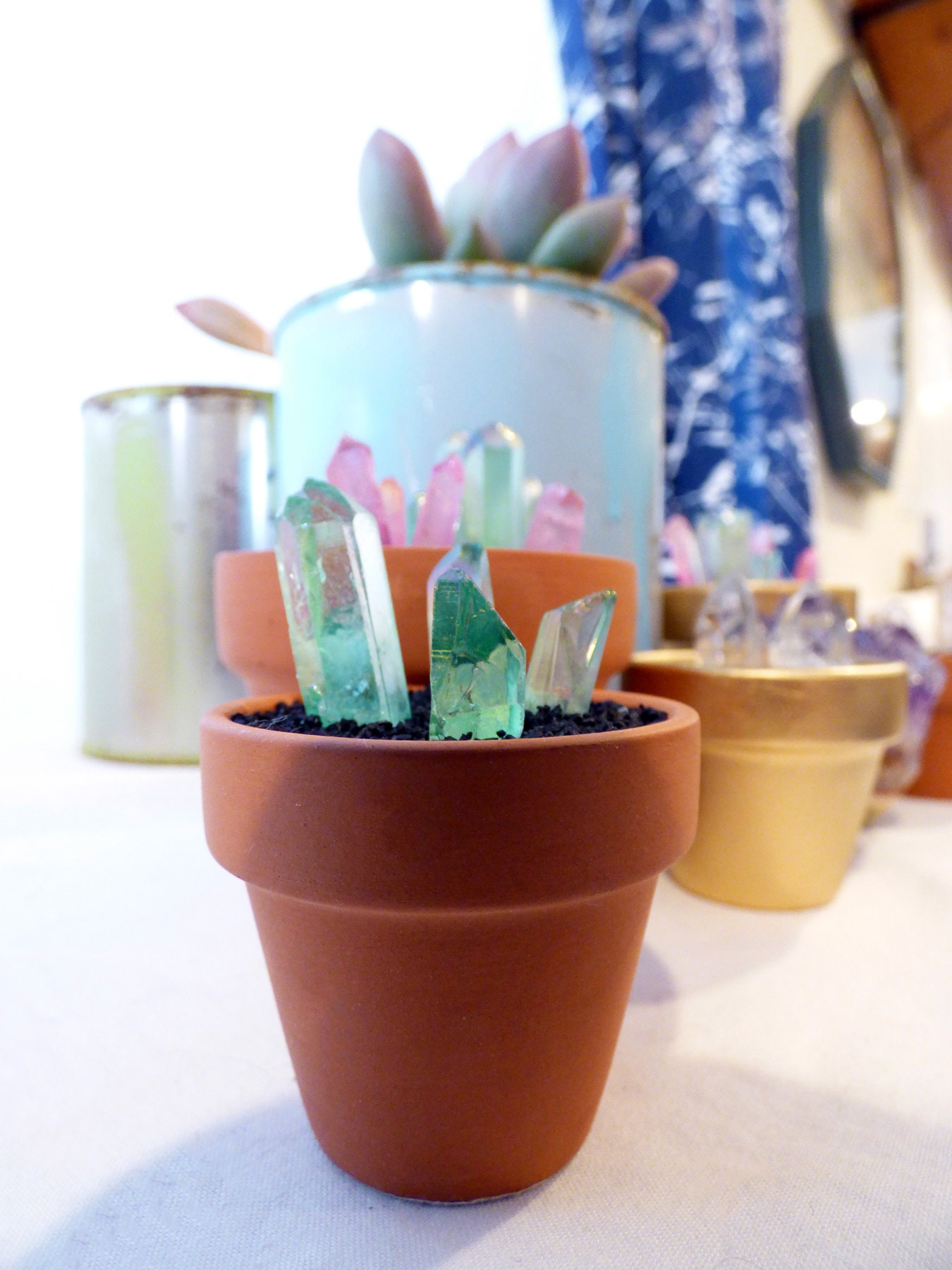 4 Point Green Aura Quartz Crystal Cactus in a Terracotta Flower Pot ...