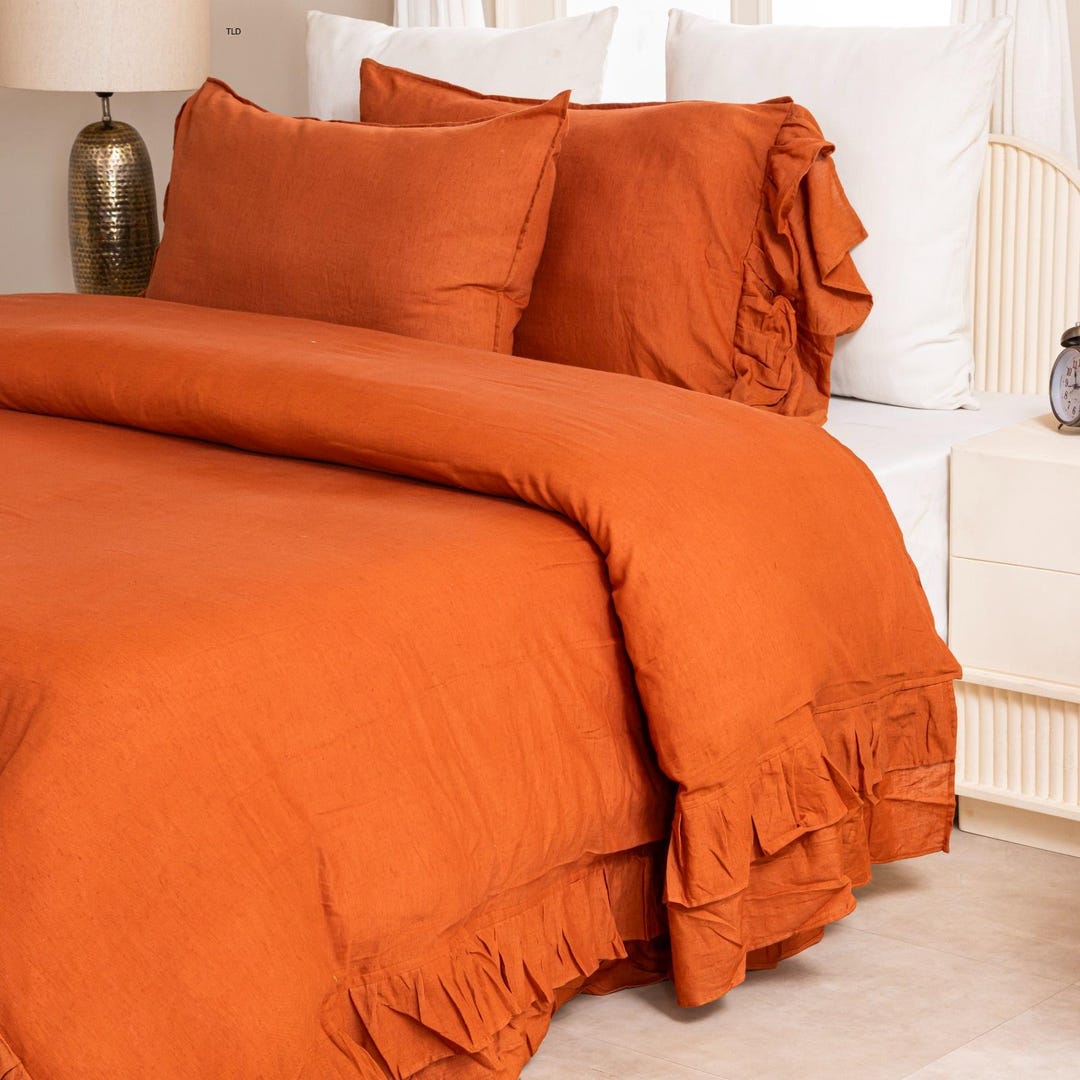 Rustic Style Double Ruffle Duvetcover Natural Cotton Bedding Set With 2 ...