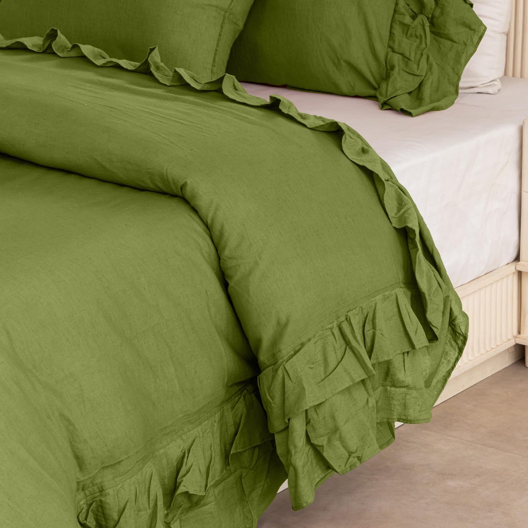 Moss Green Colours Double Ruffle Three Side Duvet Cover Natural Linen ...