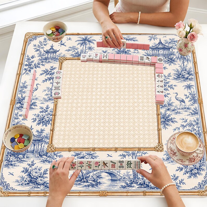 Blue Toile De Jouy Mahjong Mat| French Toile With Cannage Pattern Table ...