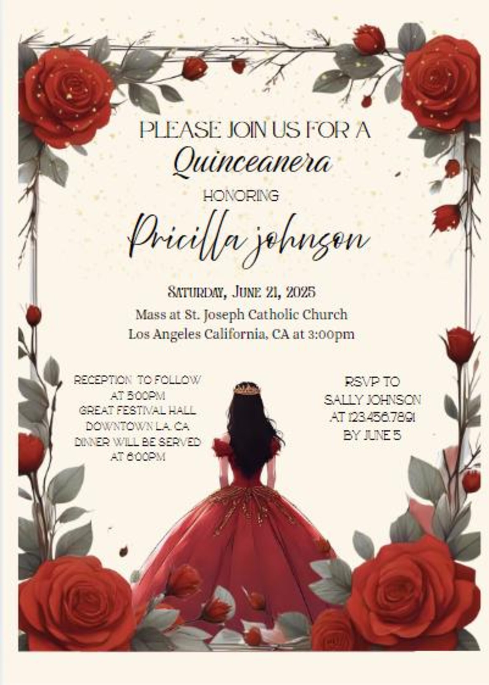 Red Dress Quinceañera Invitation: Gold Accents, Roses (electronic ...