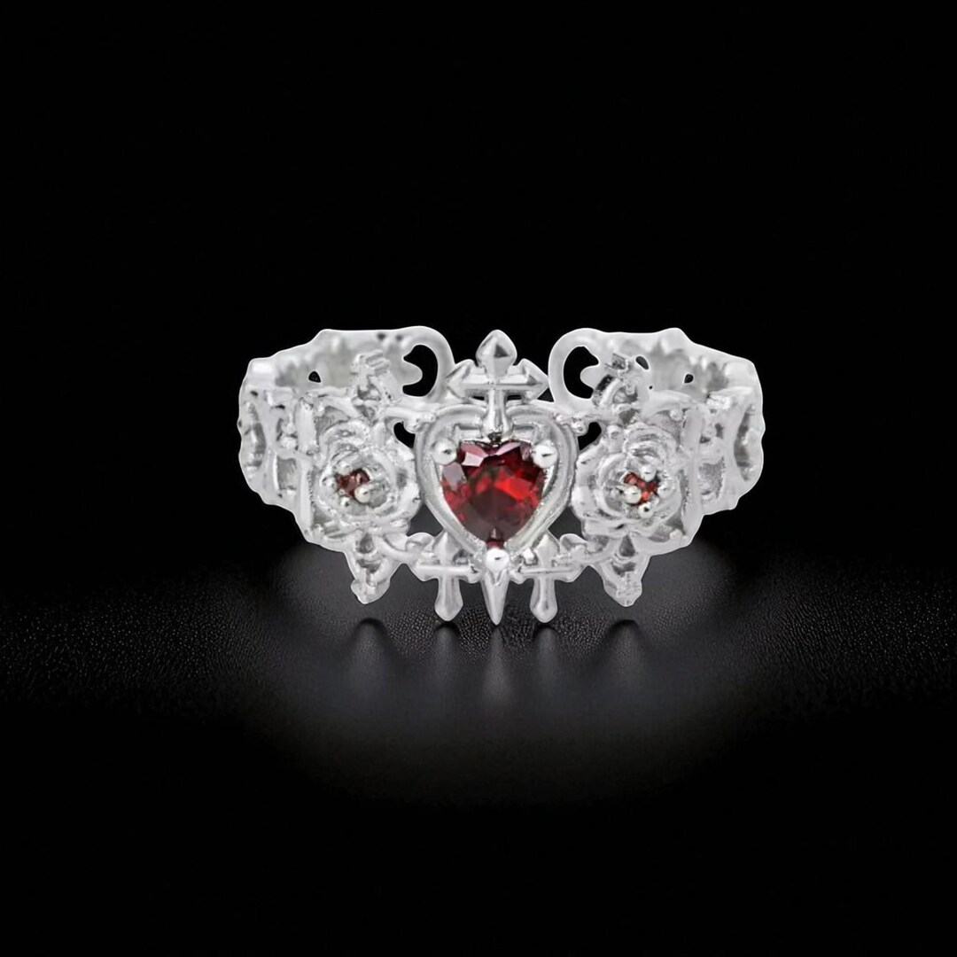 Gothic Cross Ring: Red Gemstone Dark Style Adjustable Statement Jewelry ...