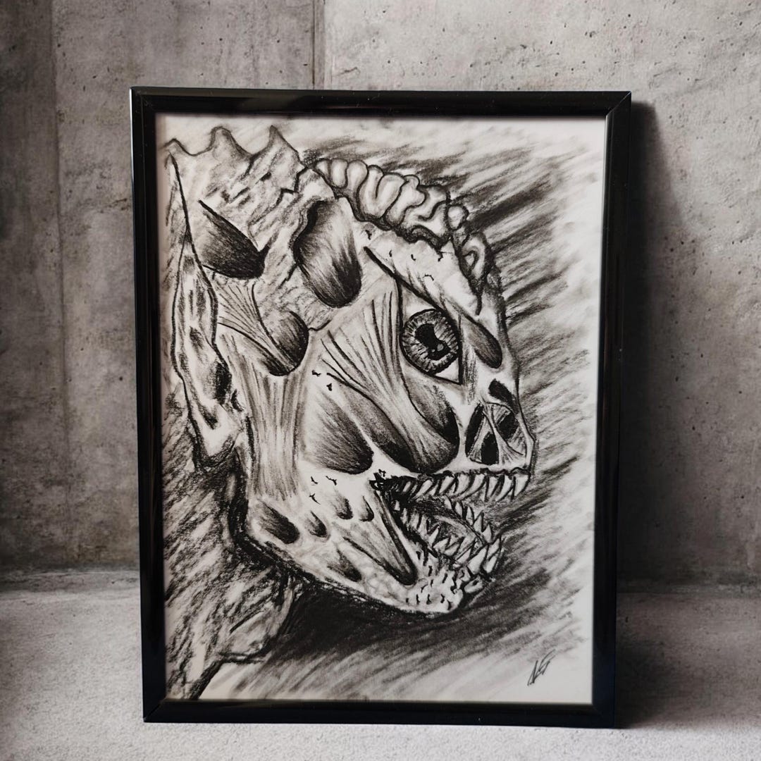 Hard Charcoal Original Drawing on White Paper – Monster Creature. Black ...