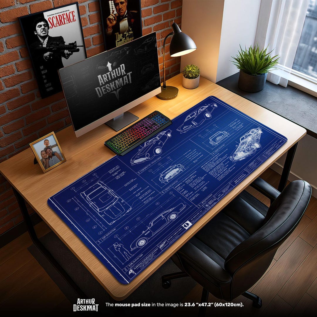 James Bond Car Blueprint Desk Mat, Aston Martin DB5 Mouse Pad, Spy ...