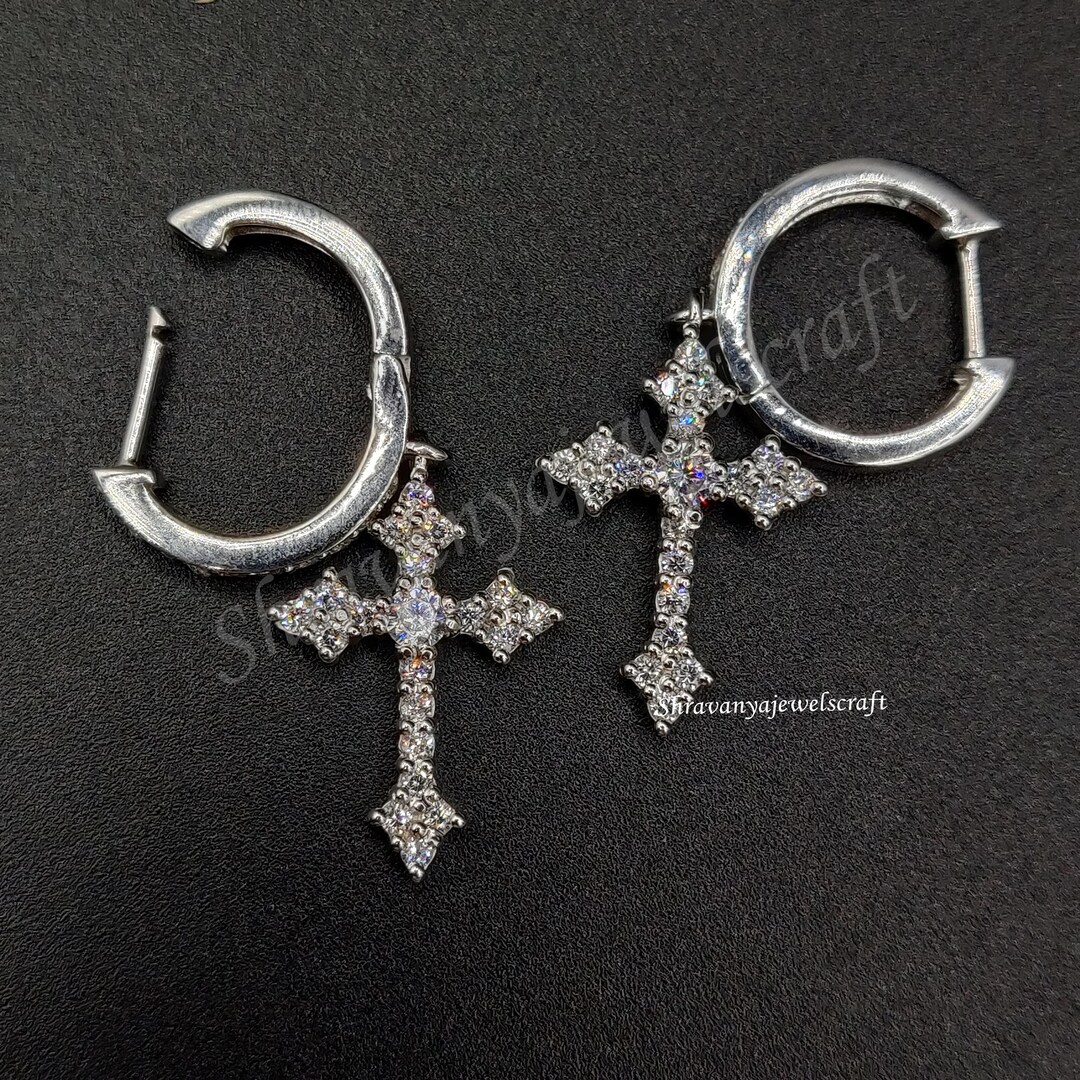 Iced Out Cross Hoop Earrings, Moissanite Dangle Hoops, Bling Silver ...