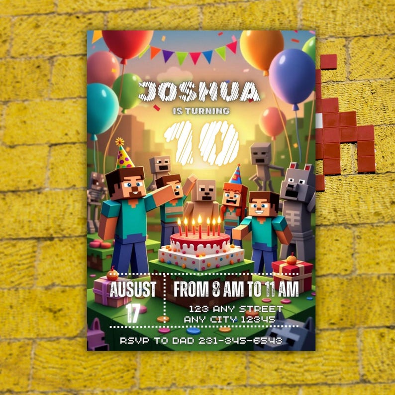 Minecraft Birthday Invitation Template, Gamer Party Card, Editable ...