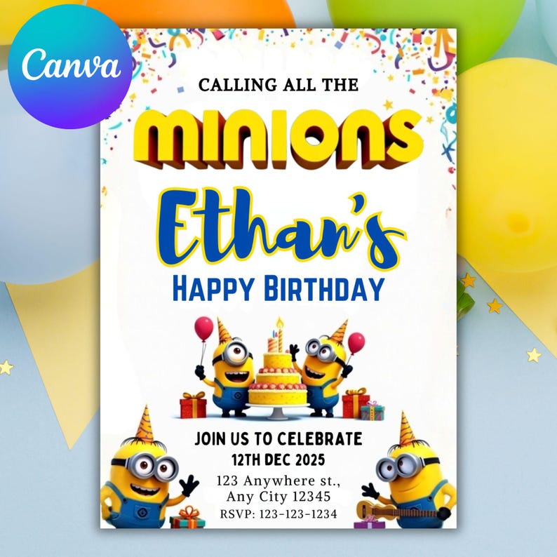 Editable Minions Birthday Invitation, Canva Template (digital Download ...