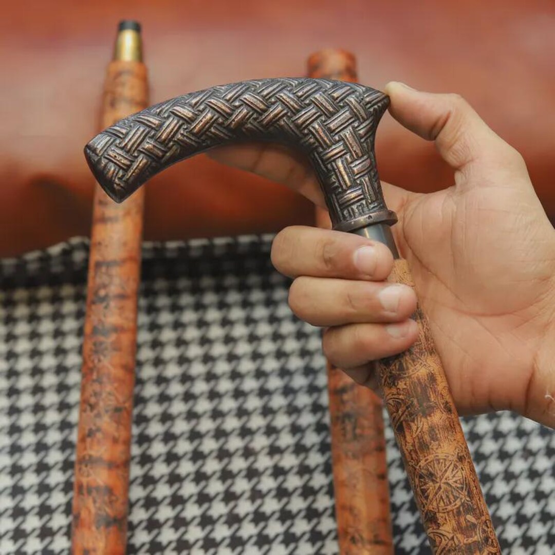 Handcrafted Wooden Walking Cane With Braided Metal Handle – Vintage ...