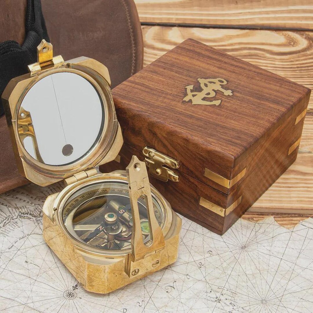 Vintage Brass Compass With Wooden Box – Nautical Decor, Antique Style ...
