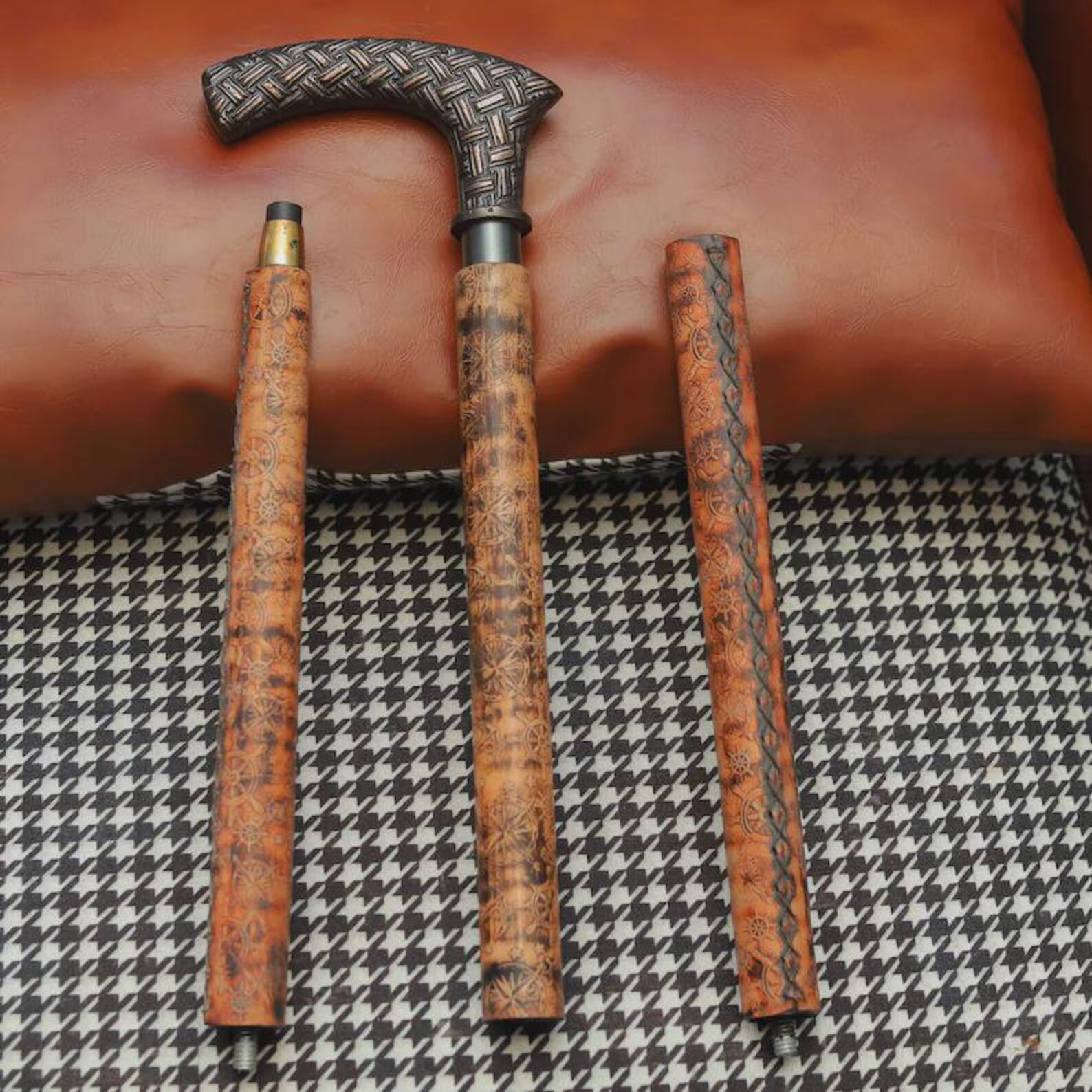 Handcrafted Wooden Walking Cane With Braided Metal Handle – Vintage ...