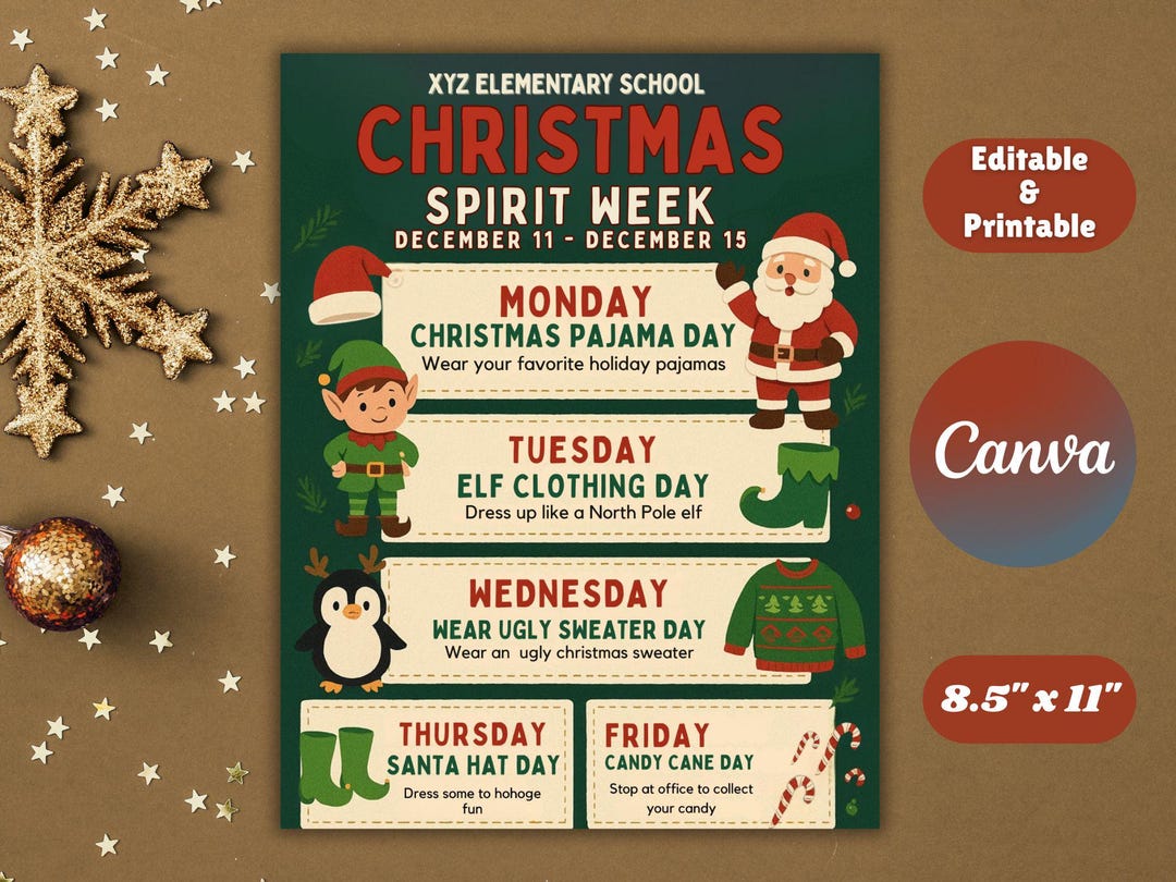 Christmas Spirit Week Flyer: Holiday Dress up Schedule (canva Template ...
