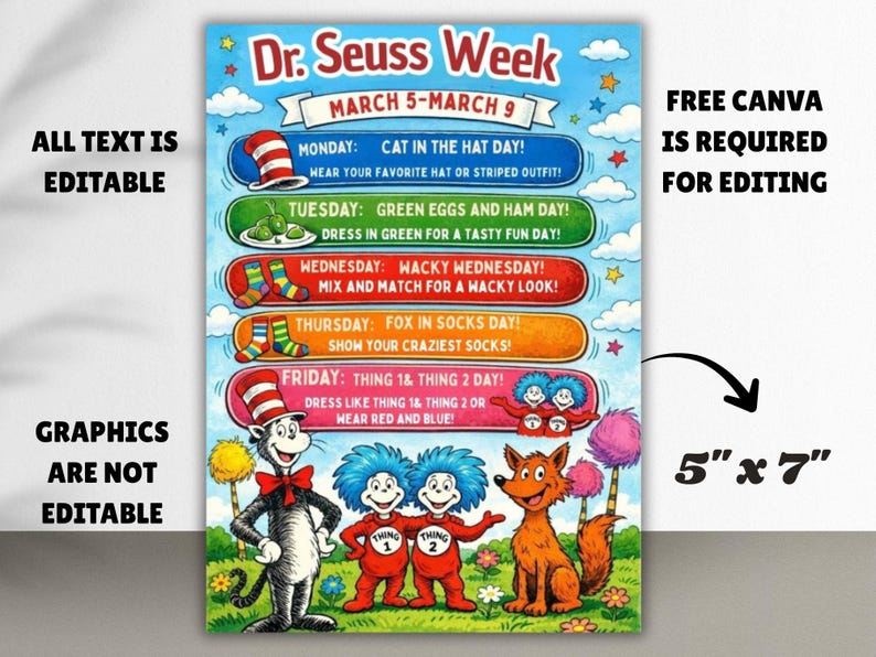 Dr. Seuss Week Flyer, Editable Spirit Week Template (digital Download ...