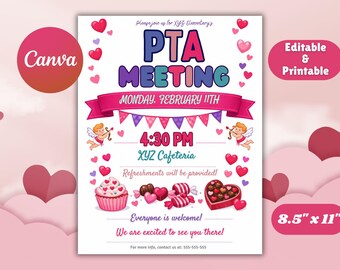 Valentine PTA Meeting Flyer Template, February Bulletin, Canva - Etsy