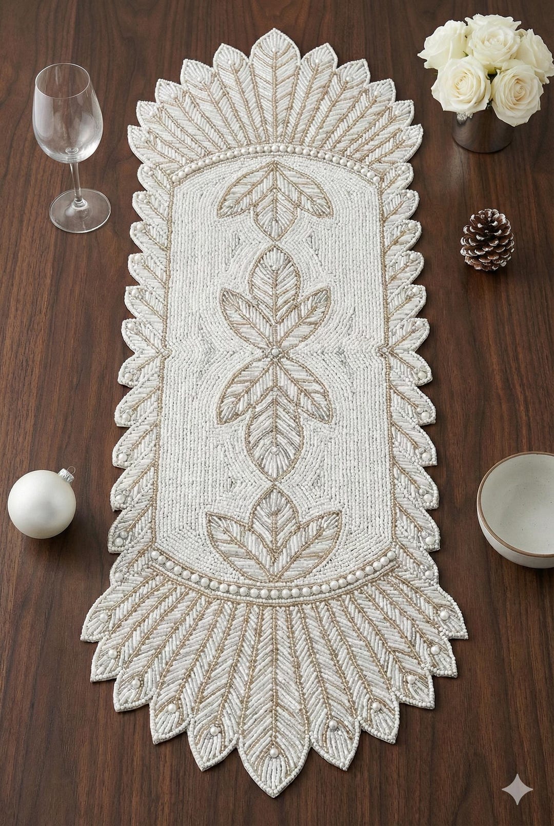 Elegant White and Gold Hand-beaded Leaf Table Runner - Luxury Artisan ...