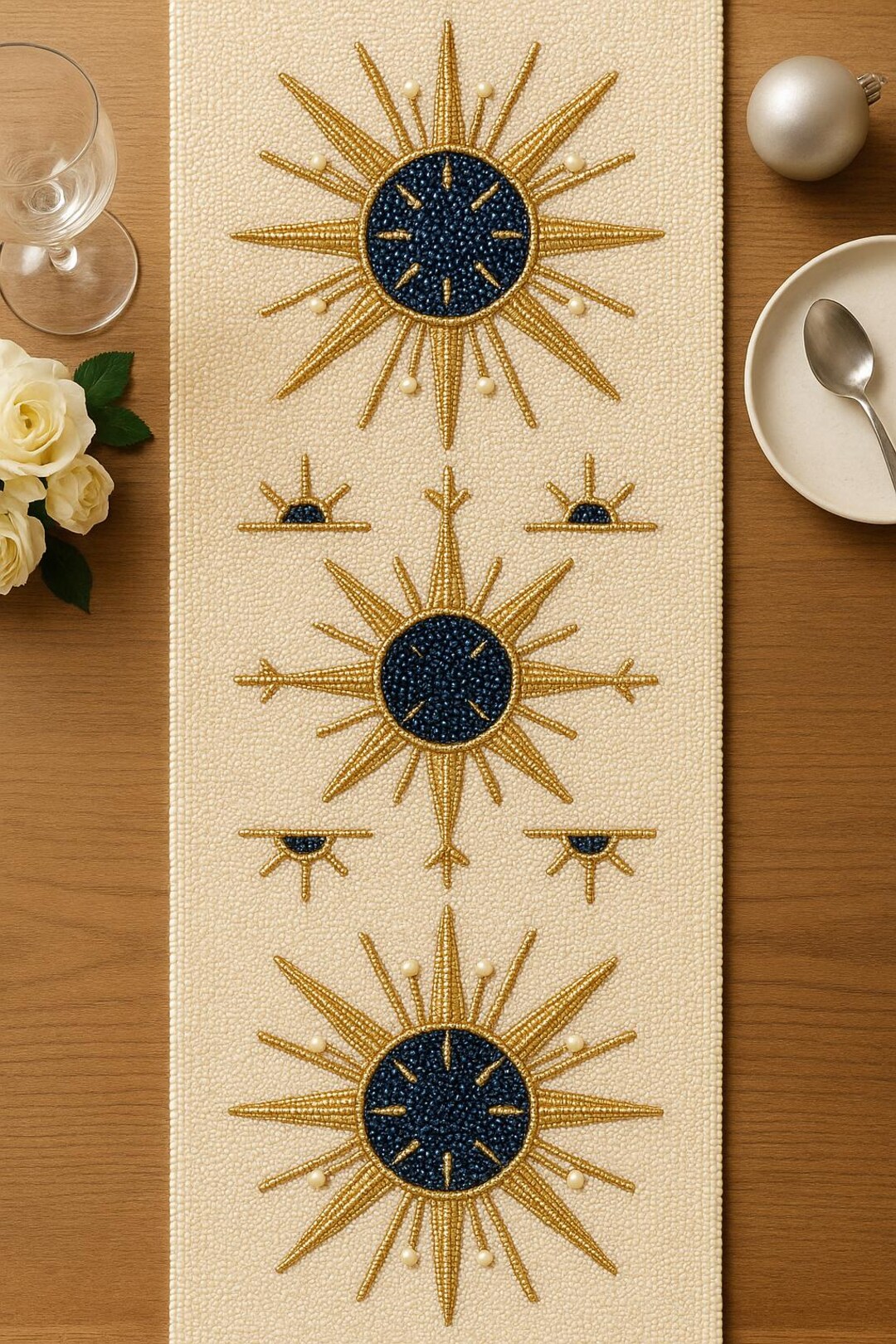 Celestial Sunburst Hand-beaded Table Runner - Navy Blue & Gold Boho ...