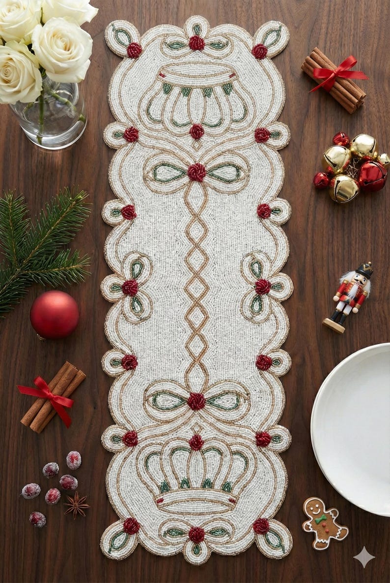 Hand-beaded Christmas Crown & Ribbon Table Runner - Festive Holiday ...