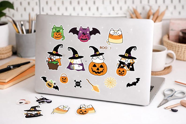 Cute Halloween Cat Stickers | Digital Download | Witch Cats, Pumpkins ...