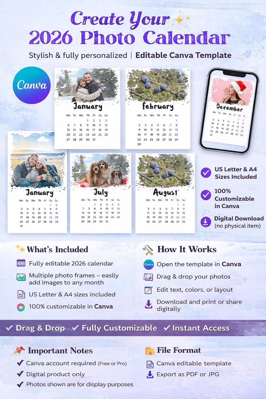 Editable 2026 Photo Calendar | Canva Template - Etsy