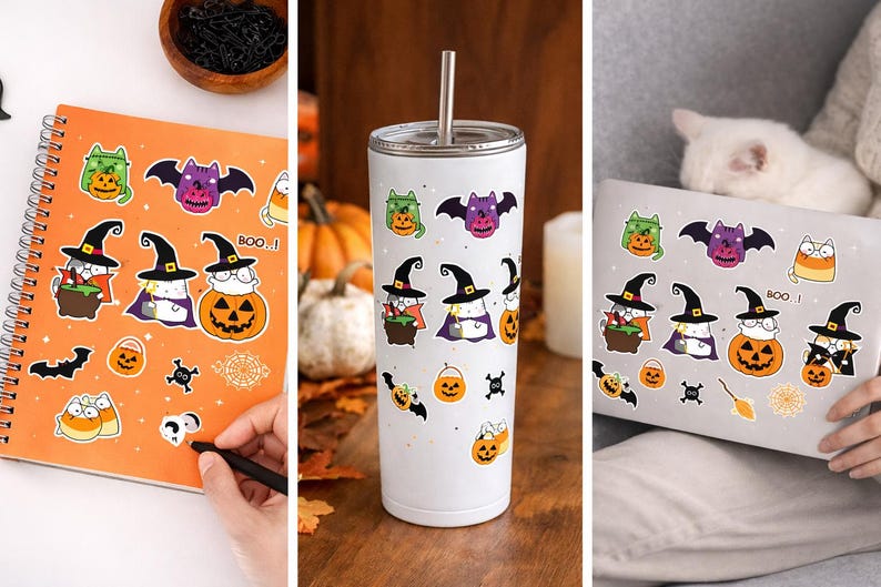 Cute Halloween Cat Stickers | Digital Download | Witch Cats, Pumpkins ...