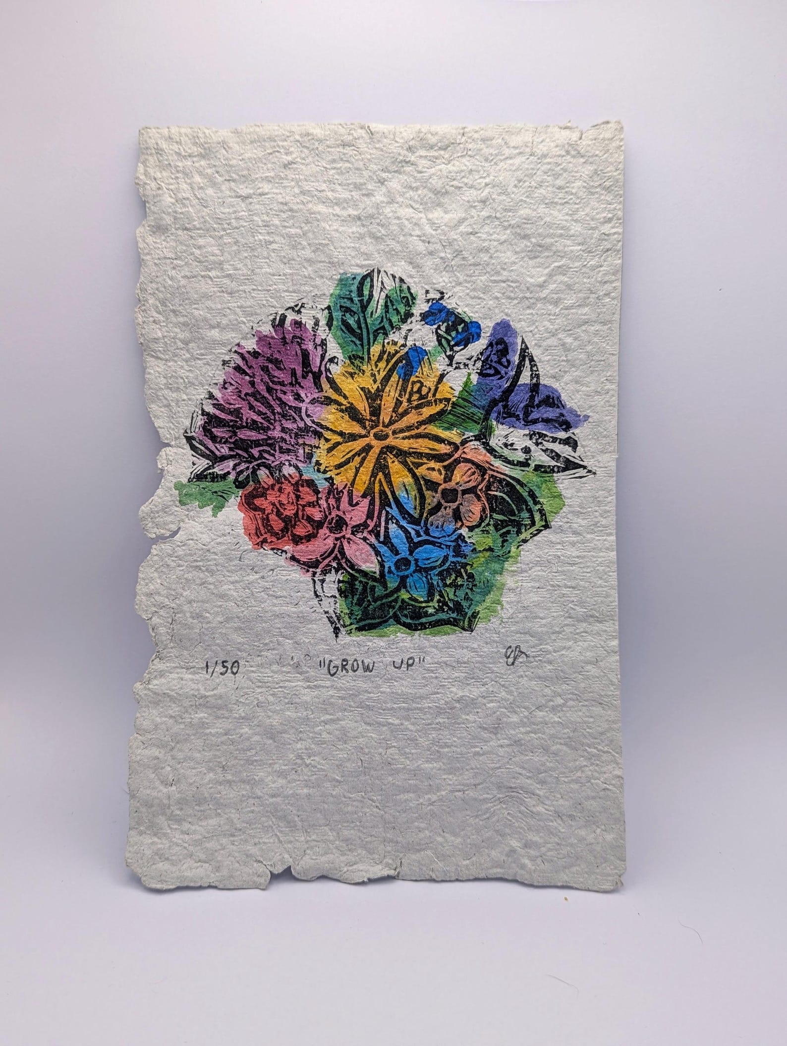 Floral Linocut Print, Watercolor Wildflower Bouquet on Recycled Paper ...