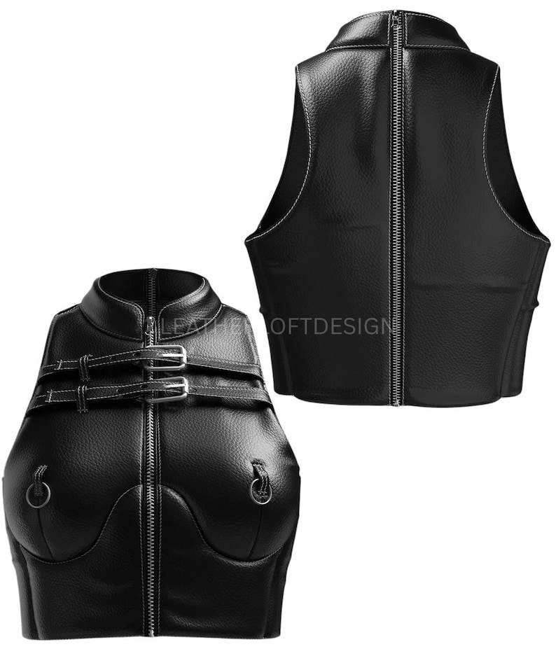 Real Leather Buckle Crop Vest – Black Sleeveless Zipper Top | Edgy ...