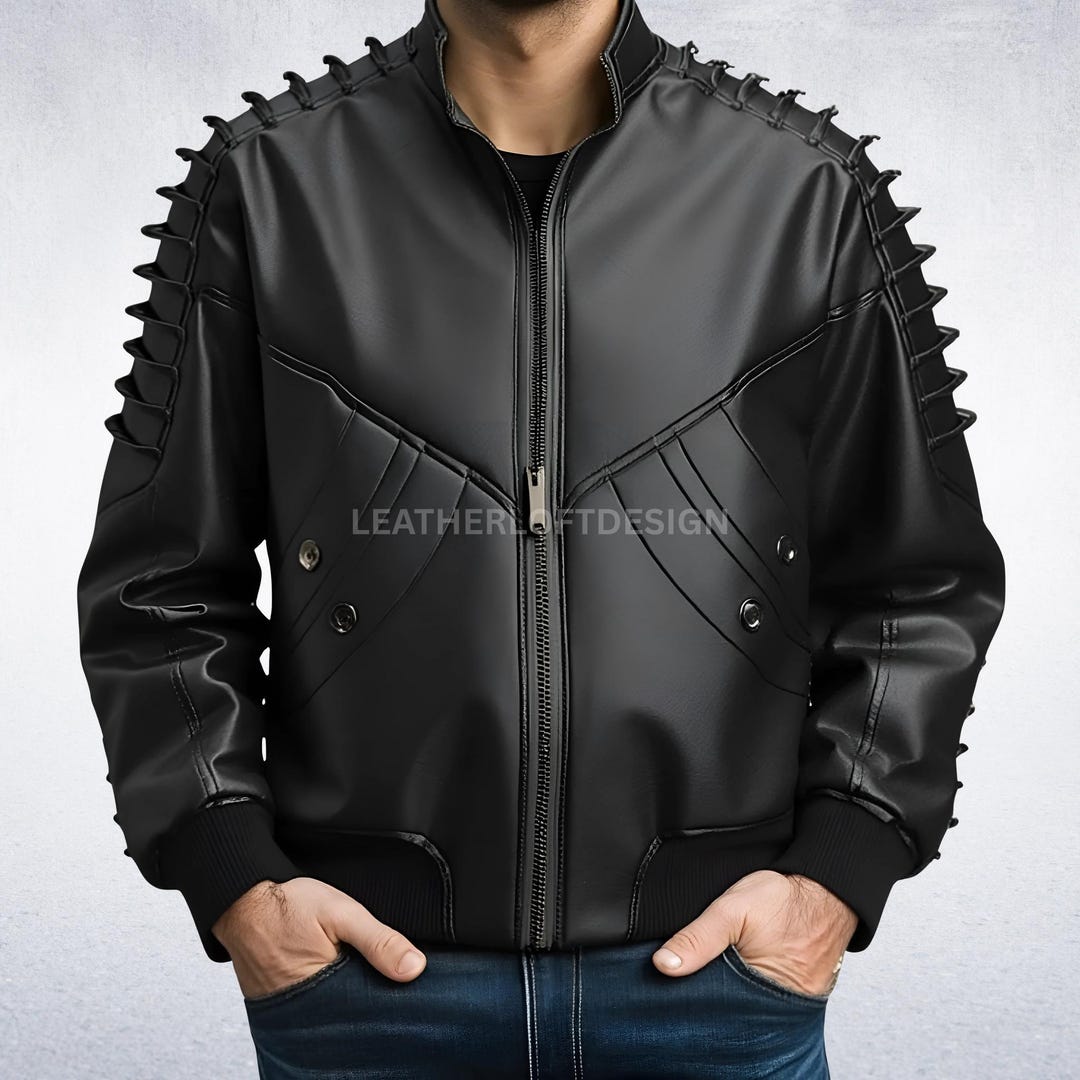Men’s Real Leather Jacket With Spiked Shoulder Detailing – Handmade ...