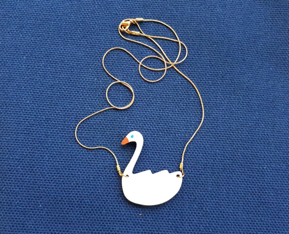 Dainty Necklace of a White Swan With Dark Chain Hand Painted - Etsy