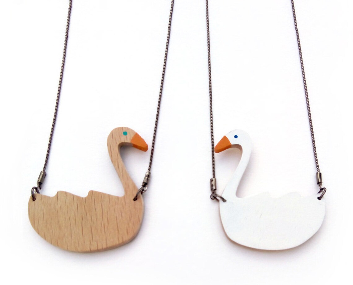 Dainty Necklace of a White Swan With Dark Chain Hand Painted - Etsy