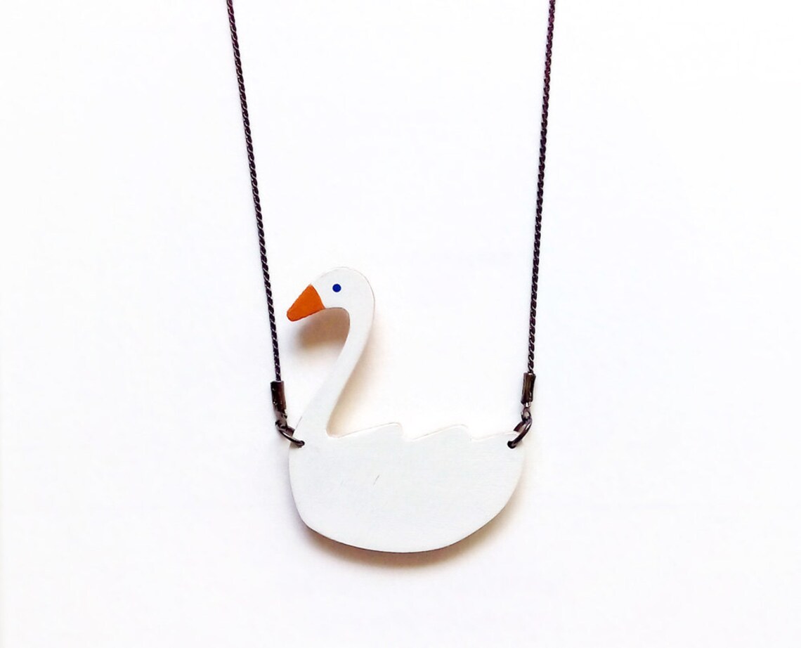 Dainty Necklace of a White Swan With Dark Chain Hand Painted - Etsy