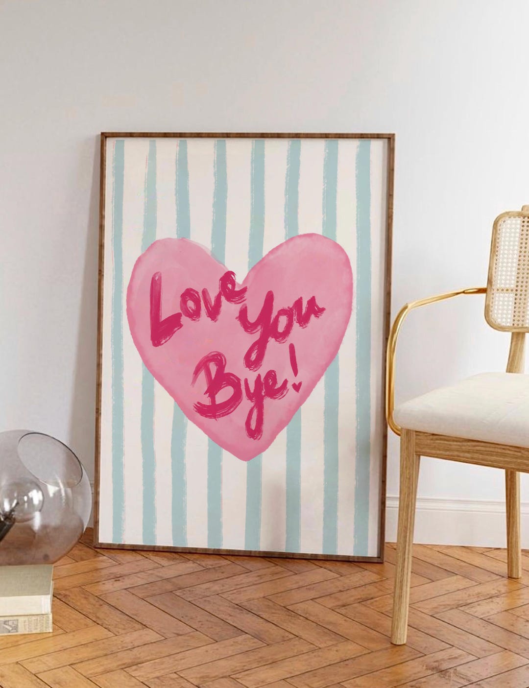 Love You Bye Art Print, Preppy Pink Heart Poster, Retro Heart Wall Art ...