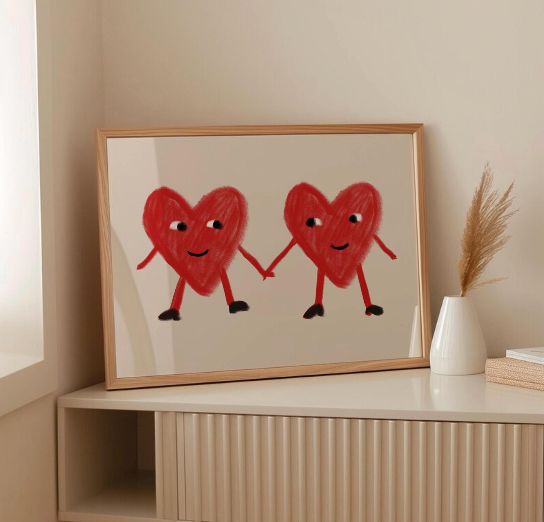Red Couple Heart Art Print, Retro Hand Drawn Love Decor, Funky Bedroom ...