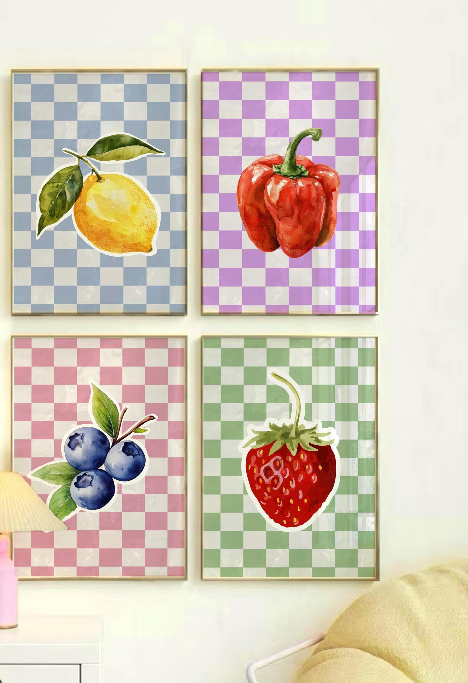 Retro Foods Colorful Poster, Trendy Checkered Set of 4 Prints, Tomato ...