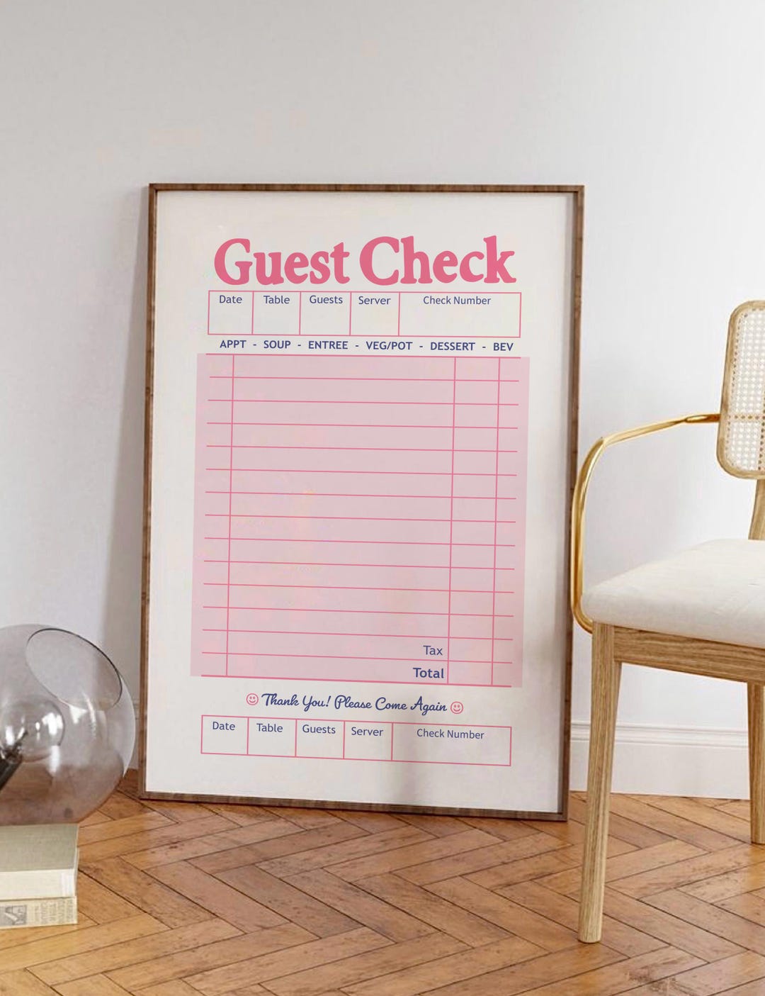 Blank Guest Check Print, Preppy Pink Poster, Retro Pink Guest Check ...
