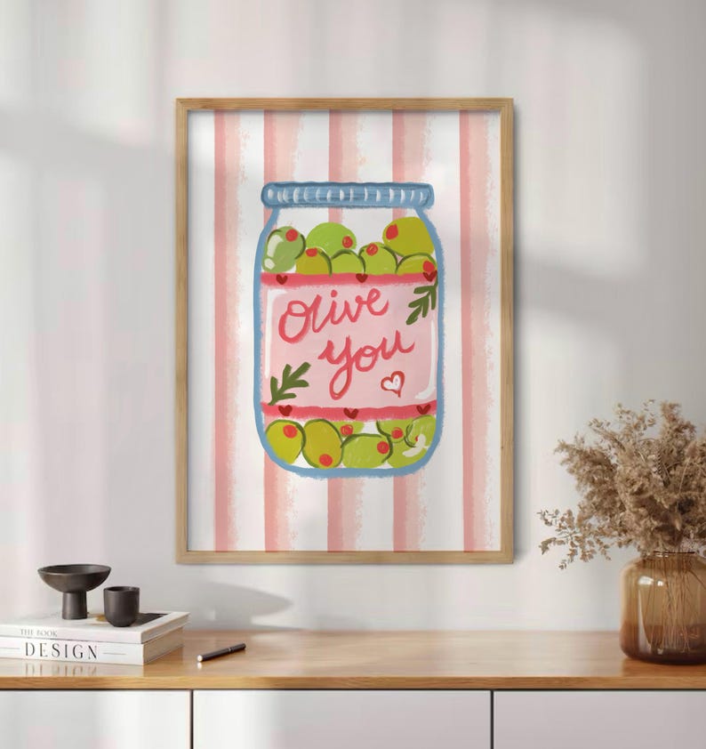 Olive You Retro Kitchen Art Print, Funny Food Sketch, Olive Jar ...