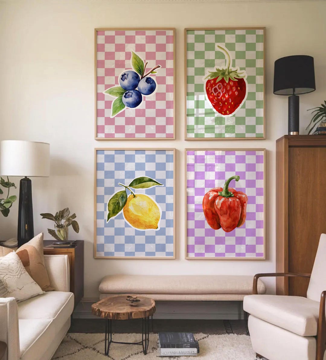 Retro Foods Colorful Poster, Trendy Checkered Set of 4 Prints, Tomato ...