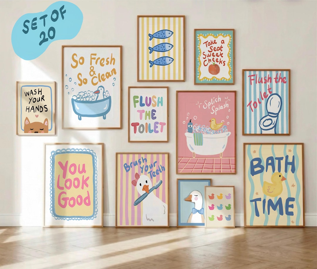 Kids Bathroom Set of 20 Prints, Nursery Toilet Wall Art, Funny Toddler ...