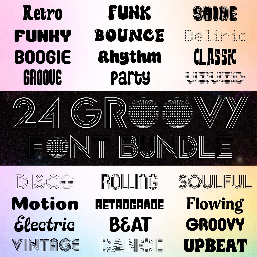 24 Groovy Retro Font Bundle | Disco & Funky Fonts | SVG PNG OTF Ttf ...