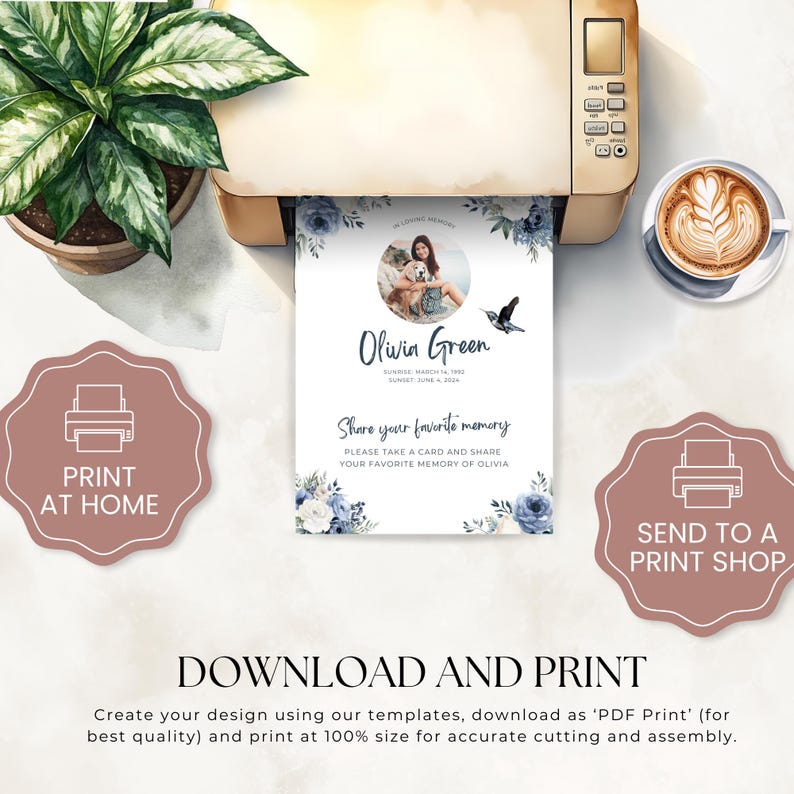 Funeral Share a Memory Card Template With Blue Rose & Hummingbird ...