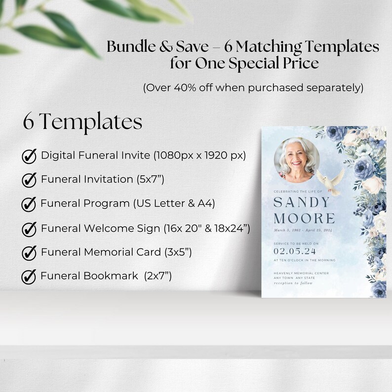 Editable Funeral Template Bundle With Dove & Roses, Floral Memorial ...