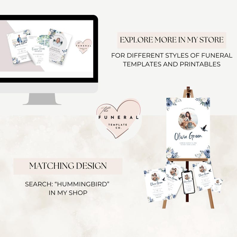 Funeral Share a Memory Card Template With Blue Rose & Hummingbird ...