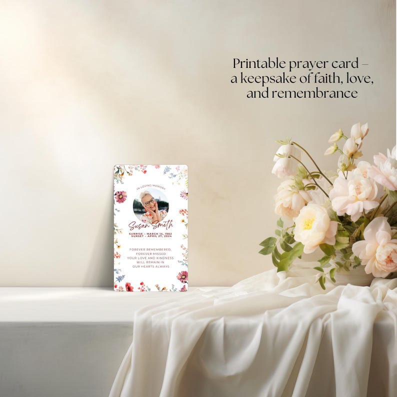 Floral Funeral Memorial Card Template With Wildflowers, Printable Remembrance Prayer Card ...
