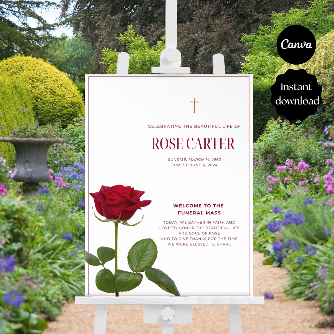 Red Rose Funeral Welcome Sign, Funeral Poster for Catholic Mass ...