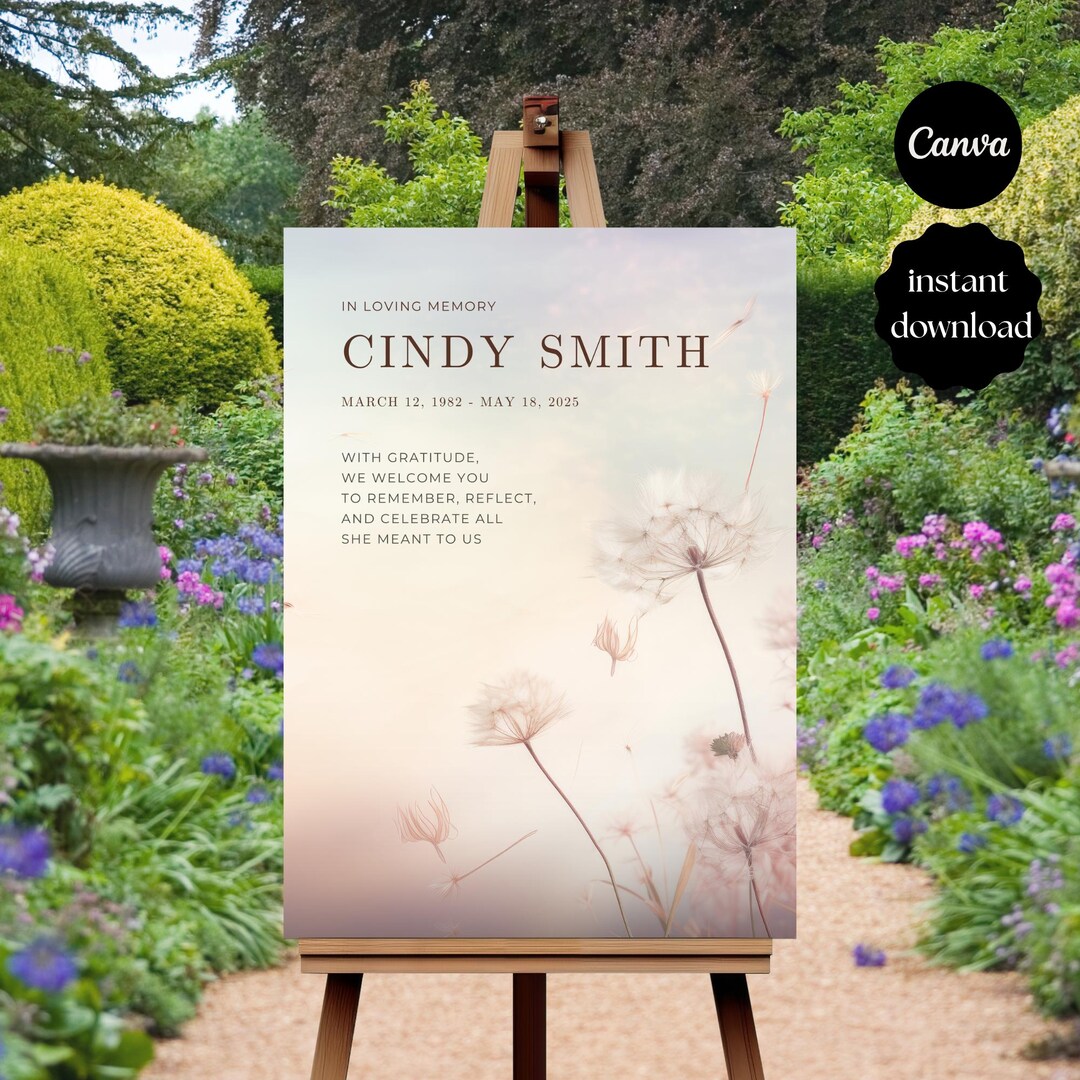 Funeral Welcome Sign With Dandelion Seeds, Funeral Poster Template, in ...