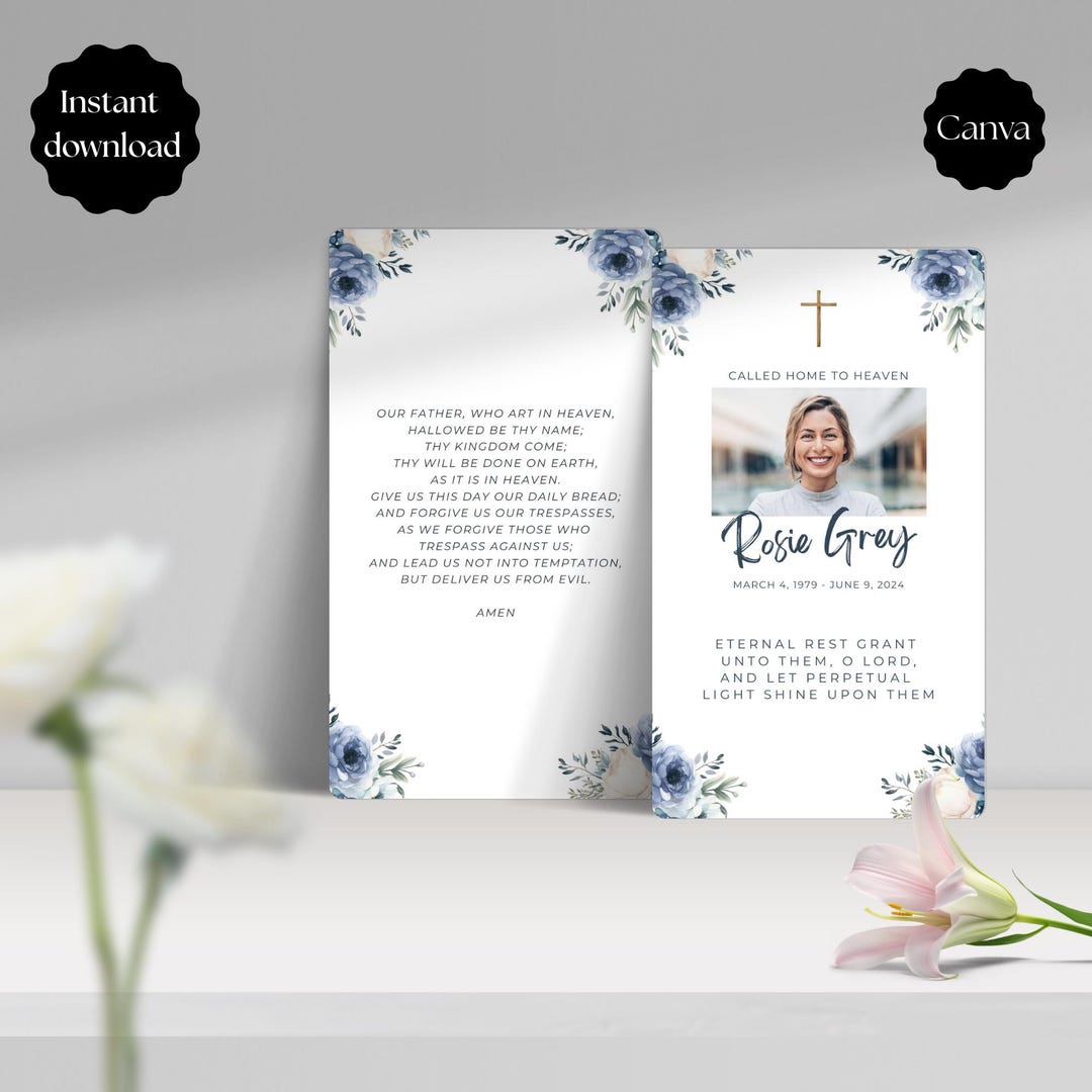 Catholic Funeral Prayer Card Template With Blue and White Roses ...