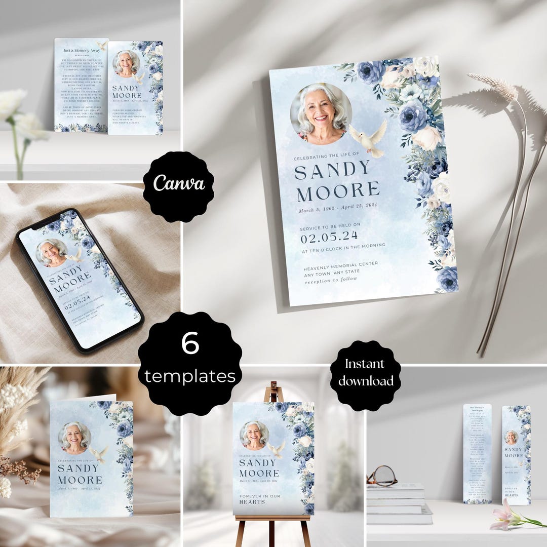 Editable Funeral Template Bundle With Dove & Roses, Floral Memorial ...