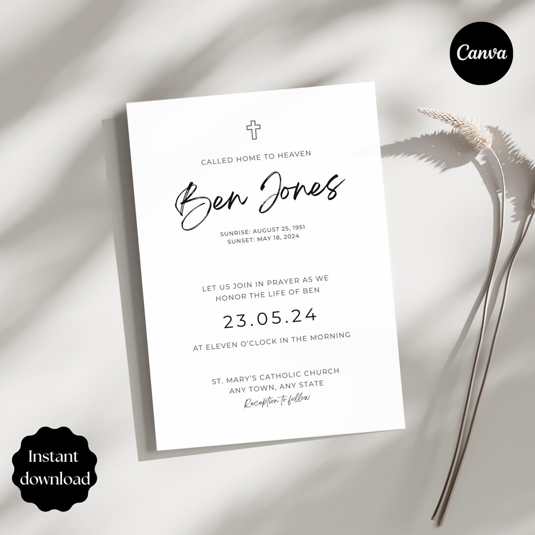 Simple Catholic Funeral Announcement Template, Funeral Invitation for ...