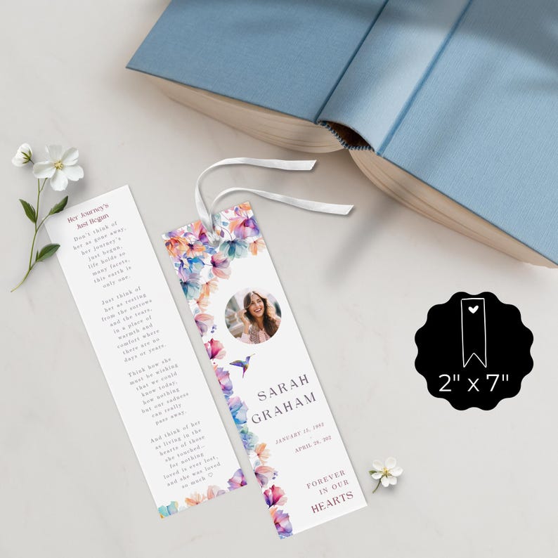 Memorial Bookmark Template With Flowers and Hummingbird, Floral Funeral ...