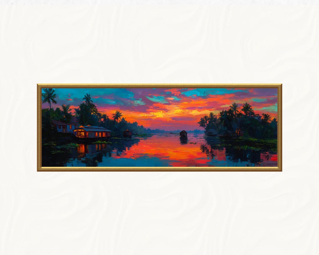 Kerala Backwaters Sunset Print, Panoramic Tropical River Landscape Wall ...