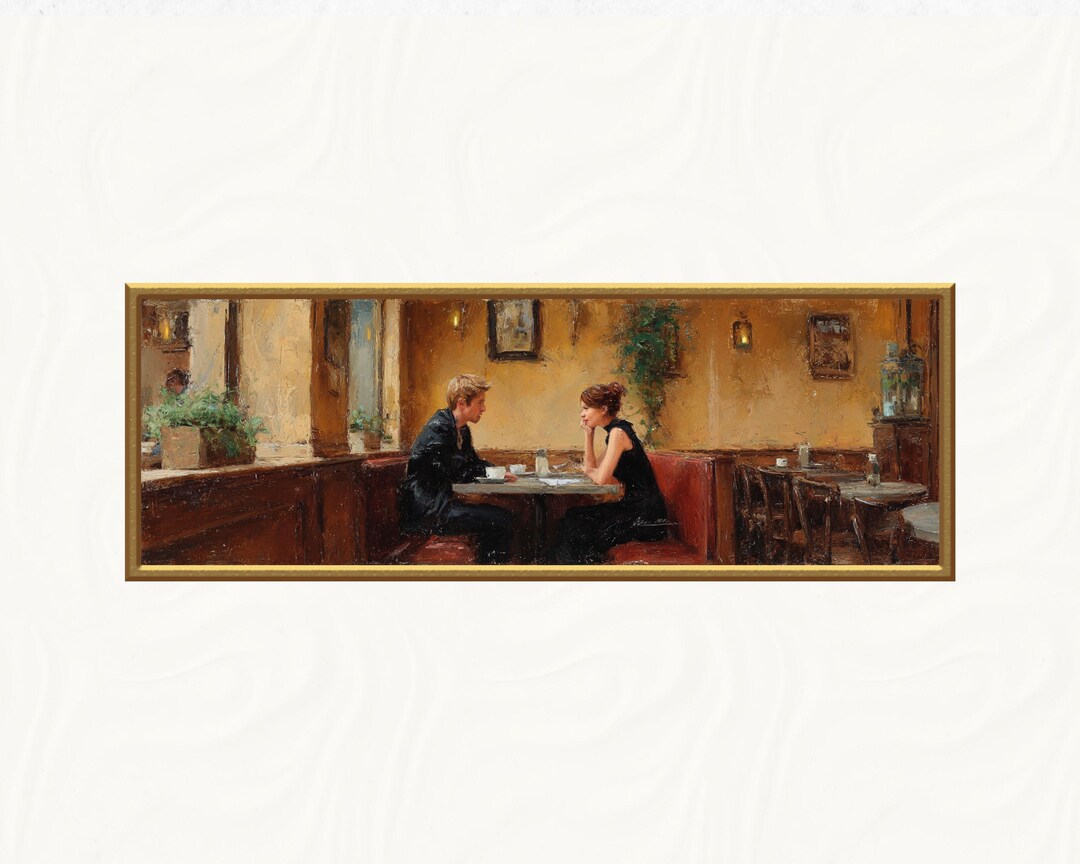 Romantic Cafe Date Oil Painting Print, Cozy Couple Coffee Art, European ...